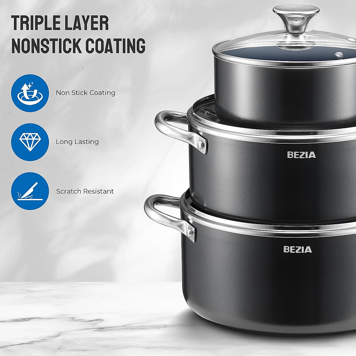 Induction Cookware Set 6-Piece, Stackable Kitchen Cooking Pots Set, 6qt 4.8qt & 2qt Pots with Lids, Dishwasher Safe & Oven Safe, Compatible with All Stoves, Black