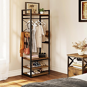 YITAHOME Small Heavy Duty Clothes Rack with Storage Shelves and Hanging Rod, Industrial Hall Tree Garments Rack, Freestanding Closet Organizer for Small Space, Entryway, Bedroom, Rustic Brown