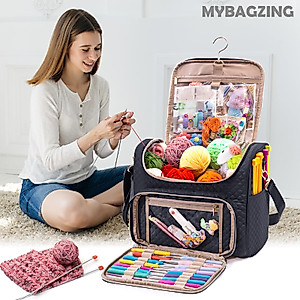 MYBAGZING Crochet Bag Organizer, Quilted Crochet Storage Bag with Hanging Hook, Yarn Bags for Crocheting, Yarn Holder, Knitting Bag, Yarn Tote for Crochet Accessories, Crochet Gift Mother's Day Gift