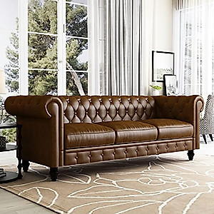 JULYFOX Brown Leather Couch Button Tufted, Faux Leather Chesterfield Sofa with Rolled Arms Black Wood Legs 750 lbs Heavy Duty 88 in Wide for Home Living Room
