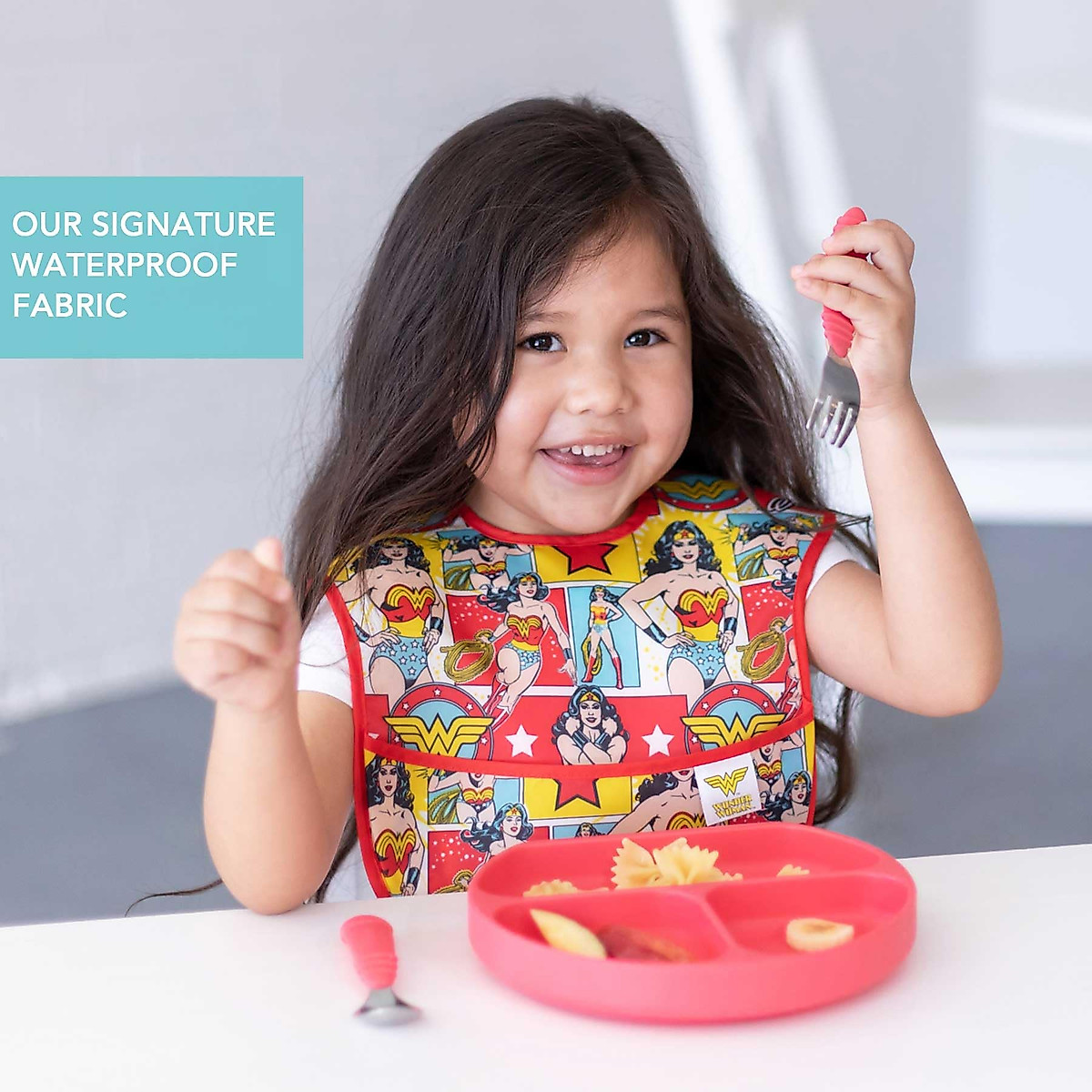 Bumkins Bibs for Girl or Boy, SuperBib Baby and Toddler for 6-24 Months, Essential Must Have for Eating, Feeding, Baby Led Weaning, Mess Saving Catch Food, Waterproof Soft Fabric, 2-pk Wonder Woman