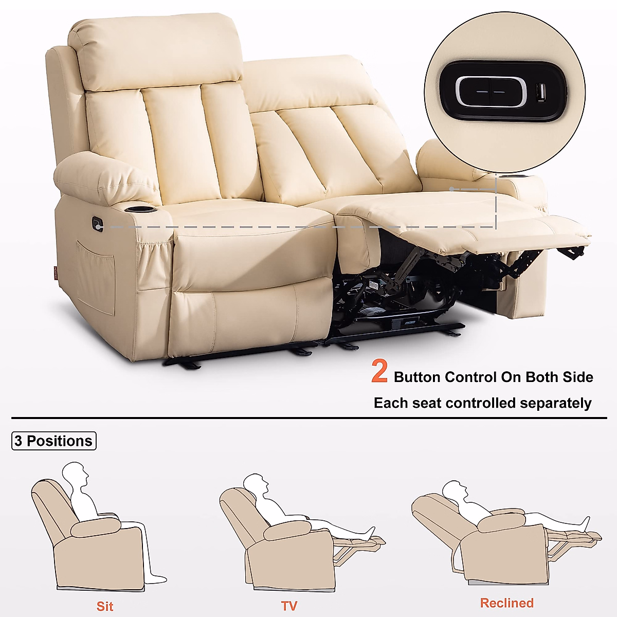 MCombo 61" Power Loveseat Recliner, Electric Reclining Loveseat Sofa with Heat and Vibration, Cup Holders, USB Charge Port for Living Room Faux Leather 6075 (Cream White, Loveseat Recliner)