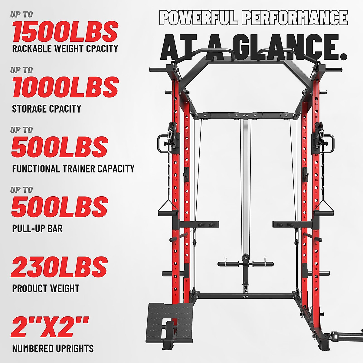 Mikolo Power Cage Power Rack with Cable Crossover System, 1500LBS Squat Rack,with LAT Pull Down System, Home Gym Packages with Weight Bench, Olympic Barbell Weight Set-Red