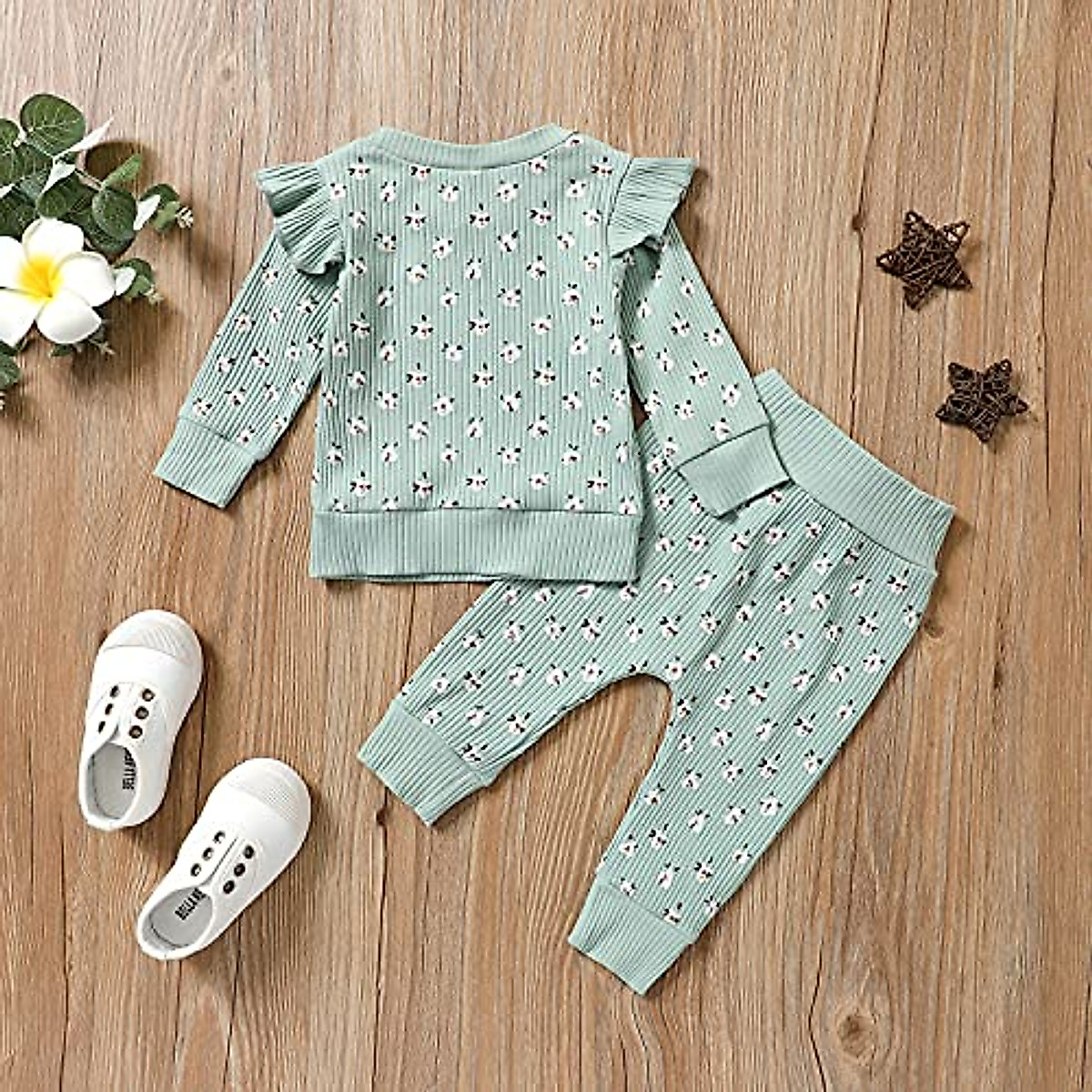 Kids Baby Girl Floral Clothes Set Ruffle Long Sleeve Pullover Tops + Bowknot Pants 2PCS Girls Outfits (Green, 2-3T)
