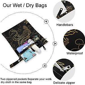 visesunny Gold Dragon 2Pcs Wet Bag with Zippered Pockets Washable Reusable Roomy for Travel,Beach,Pool,Daycare,Stroller,Diapers,Dirty Gym Clothes, Wet Swimsuits, Toiletries