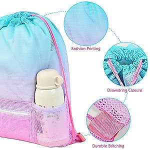 Nidoul Mesh Drawstring Bag with Zipper Pocket, Beach Bag for Swimming Gear Backpack Gym Storage Bag for Adult Kids (Pink Blue)