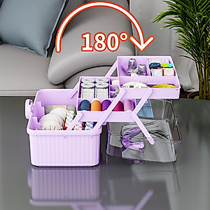 SuoXing 13'' Three-Layer Clear Plastic Storage Box/Tool Box, Multipurpose Organizer and Portable Handled Storage Case for Art Craft and Cosmetic (Purple)