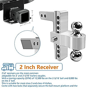 Tlvuvmo Adjustable Trailer Hitch - 8 Inch Drop Hitch Ball Mount for 2 Inch Receiver, 12,500 GTW, 2" and 2-5/16" Stainless Steel Tow Balls, Aluminum Tow Hitch with Double Anti-Theft Pins Locks