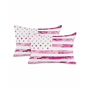 Pillow Cases Linen Pillow Shams Independence Day Pink Camo American Flag Patriotic Pillow Cases Set of 2 12x20 Inches Pillowcases Rectangle Cushion Covers Flax Soft Linen Pillow Covers for Couch Sofa