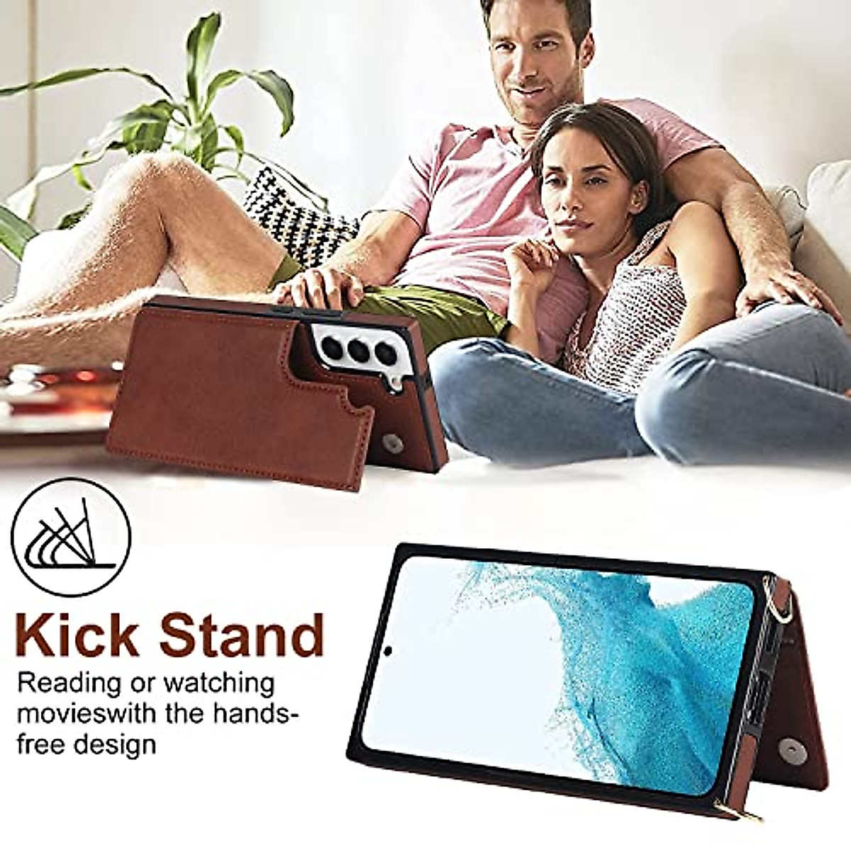 DEFBSC Compatible with Samsung Galaxy S22 Plus Case, Crossbody Wallet Case, Adjustable Detachable Lanyard Neck Strap with Kickstand Leather Card Holder Protective Cover-Brown