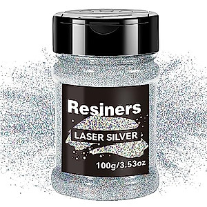 Resiners Holographic Ultra Fine Glitter Powder - 3.53oz/100g, 1/128" Metallic Epoxy Resin Glitter Sequins Flakes for Tumblers,Slime, Nails, Paint, Art Crafts - Laser Silver