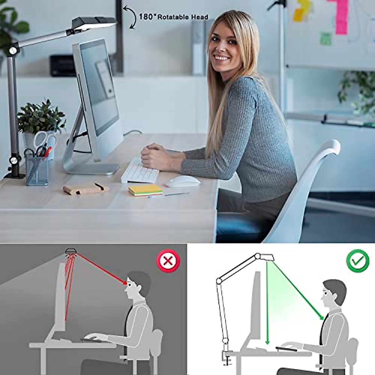 Eye-Caring Desk Lamp for Home Office, Architect Lamp with Clamp, 5 Color Modes & Brightness Levels, 60" Timer, 4-Joint Axis&120°Polarized Design, Flicker-free, 12W Desk Light for Working・Studying