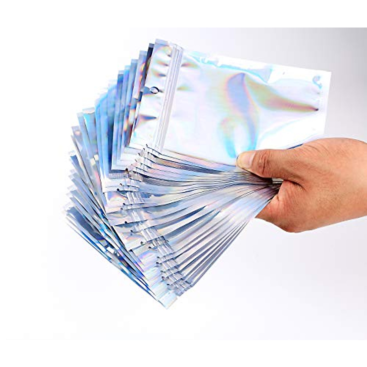 50 Pieces Resealable Smell Proof Bags Foil Pouch Bag, Used to store and pack party food, jewelry, lip gloss, eyelashes, party supplies, candy (Holographic Color,(Small: 3 x 4 Inch and 4 x 6 Inch)