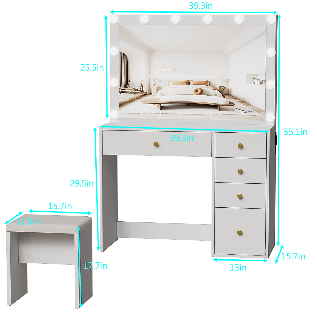 PAKASEPT Makeup Vanity Desk with Lighted Mirror and Charging Station, 39.4" White Vanity Table with 3 Lighting Colors, Hidden Sliding Shelves, 5 Drawers & Stool, Vanity Set for Bedroom