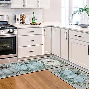 Artoid Mode Pumpkin Eucalyptus Fall Kitchen Mats Set of 2, Home Decor Low-Profile Kitchen Rugs for Floor - 17x29 and 17x47 Inch