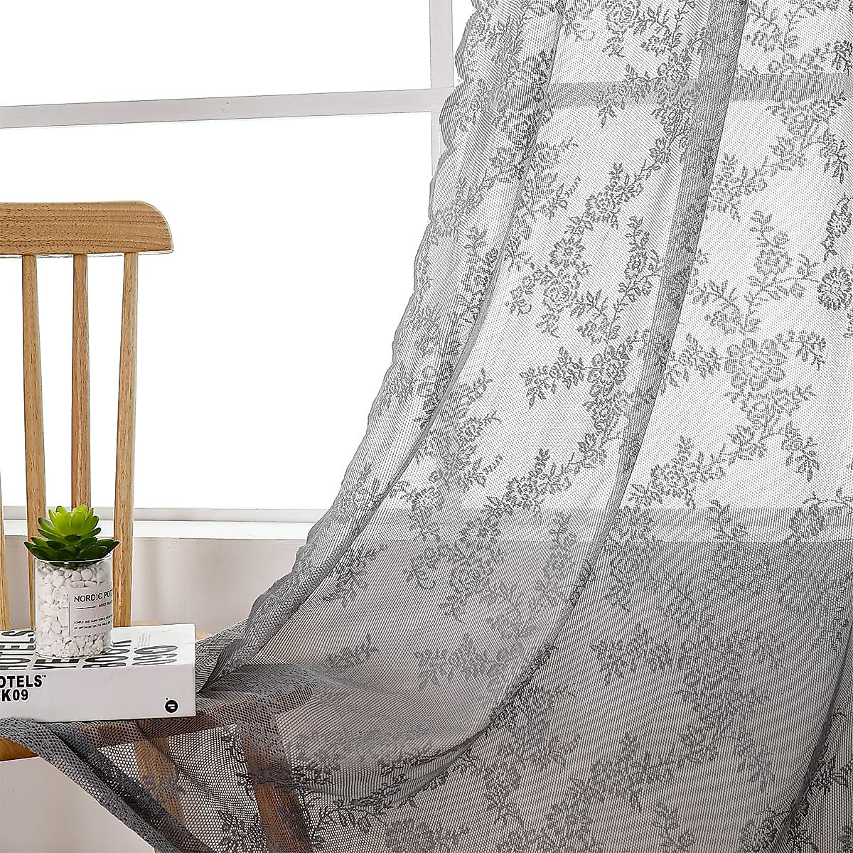 Urban Lotus Grey Lace Sheer Curtains 55 x 54 Inch Elegant Floral Rose Lace Embroidered Curtain Panels Airy Light Filtering Rod Pocket Window Treatment Sets for Garden Balcony, 1 Pair