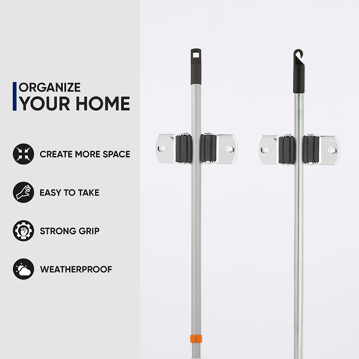 Superio Mop and Broom Holder, Set of 4 Single Piece Hooks, Stainless Steel Wall Mount Cleaning Storage Tool Organizer, Heavy-Duty Hook for Kitchen, Closet Garage, and Office