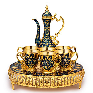 Vintage Extra Large Turkish Coffee & Tea Pot Set for 6 by Gute with Large Crystal Tray & Teapot Gold with Swarovski Style Crystals (Blue) 480ml - 6 Vintage Moroccan Tea Glasses 230ml Teacups Gold