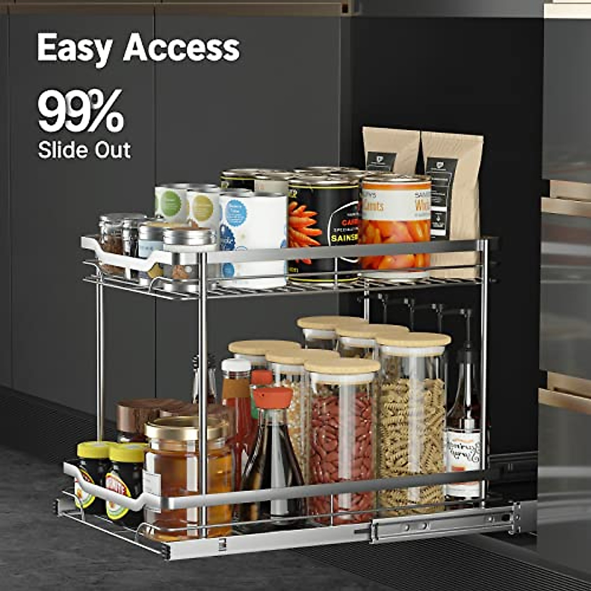 Amazer Pull Out Cabinet Organizer, 2 Tier Pull Out Drawers for Kitchen Cabinets, Slide Out Pantry Shelves 14.2"D×20"W Sturdy Cabinet Organizer Pull Out Drawers, Cabinet Pull Out Shelves Metal-Chrome