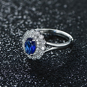 JIANGXIN 925 Sterling Silver Anniversary Ring Princess Diana Royal Engagement Platinum Plated Fine Jewelry for Women Adjustable size 6 7 8 9 (Created Blue Sapphire)