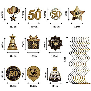 Happy 50th Birthday Party Hanging Swirls Streams Ceiling Decorations, Celebration 50 Foil Hanging Swirls with Cutouts for 50 Years Old Black and Gold Birthday Party Decorations Supplies