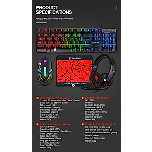 T-Wolf Gaming Combo TF800 Keyboard/Mouse/Headphone/Mouse Pad Wired LED RGB Backlight Bundle for PC Gamers Users - 4 in 1, Black