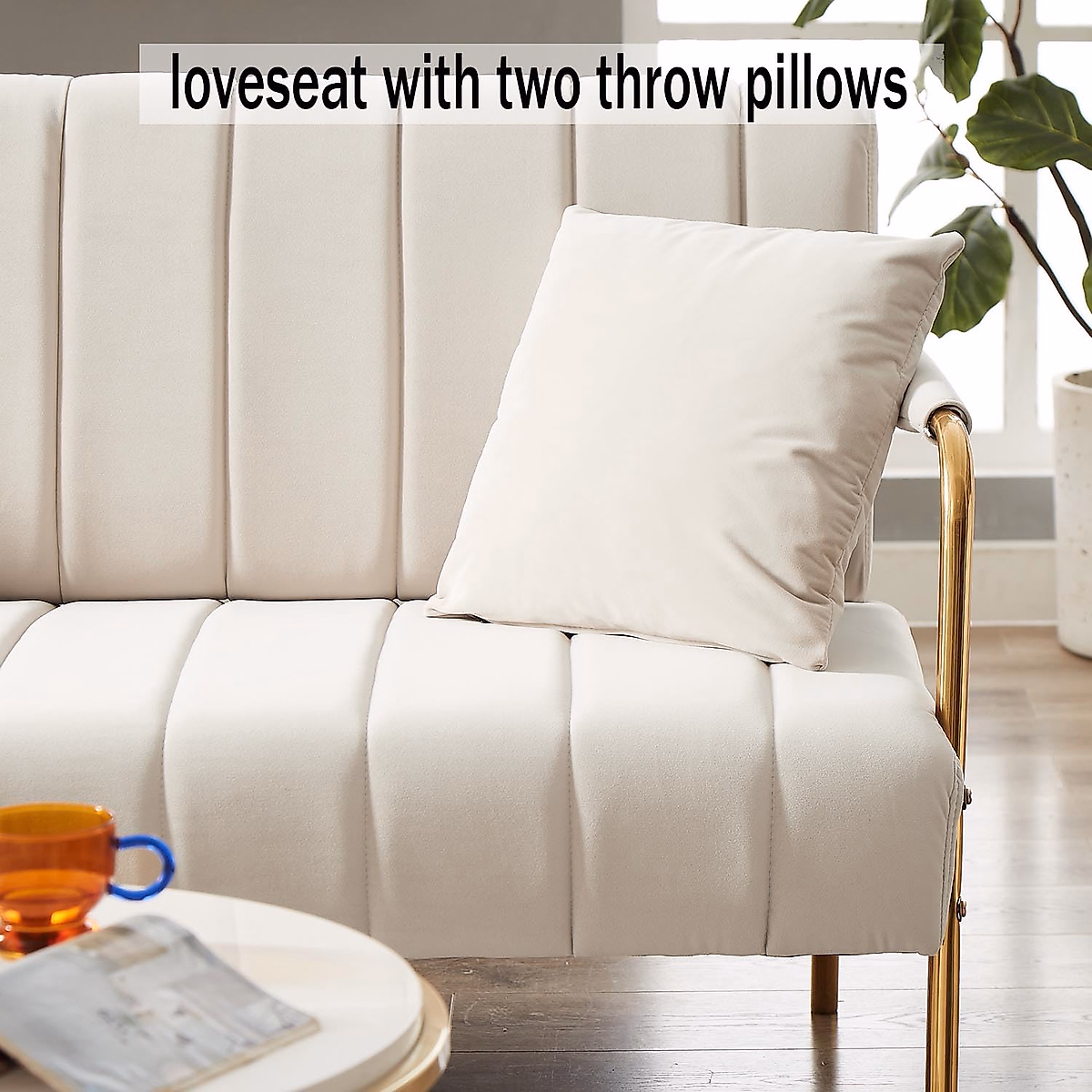 RIDFY Modern Upholstered Velvet Loveseat Sofa with 2 Pillows/Gold Metal Legs, 2 Seater Futon Sofa Couch, Cashmere Fabric Accent Mini Sofa, Living Seat for Small Spaces/Bedroom(Beige)