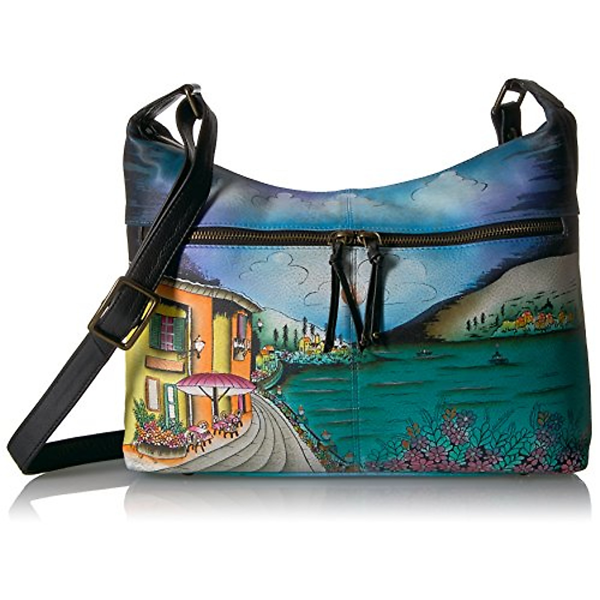 Anna by Anuschka Women's Genuine Leather Medium Shoulder Hobo | Zip-Top Organizer with Side-Zip Pockets | Moon Lit Capri