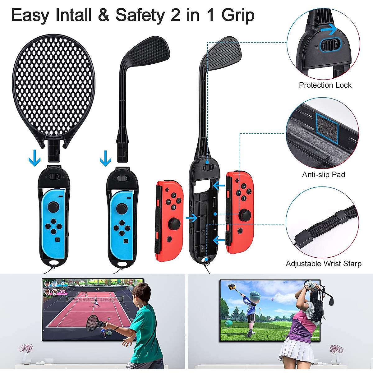 innoAura 14 in 1 Switch Sports Accessories Bundle, Switch Sports Bundle with Switch Steering Wheel, J-con Grip, Tennis Racket, Glof Club, Leg Strap, Wrist Strap Compatible with Switch/Switch OLED