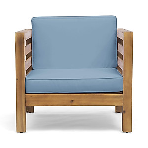 GDFStudio Outdoor Acacia Wood Club Chair with Cushion, Teak Finish and Blue