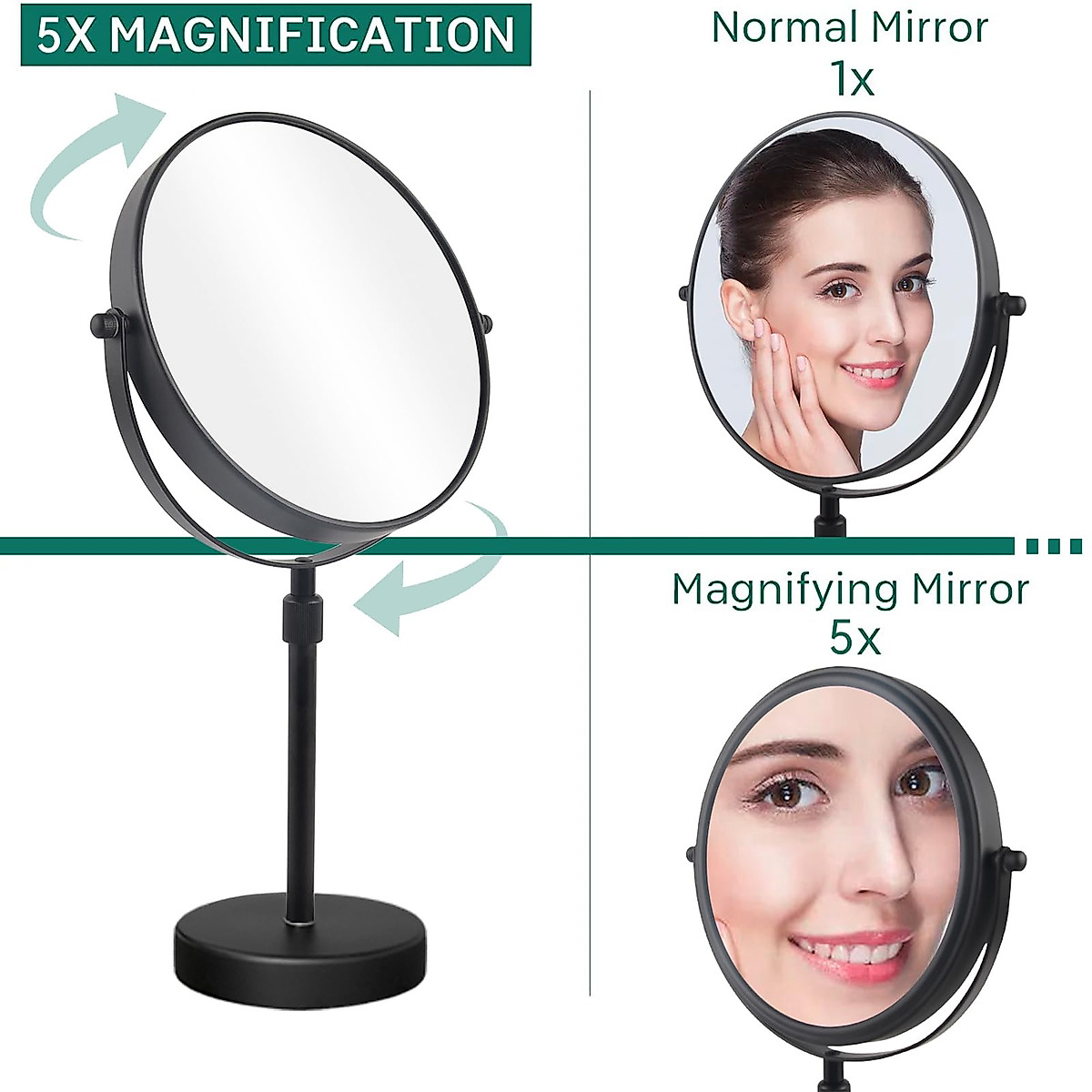 Nicesail Higher Taller Tabletop Makeup Mirror of 8 Inch, 5X Magnified Makeup Mirror Countertop Standing, Height Adjustable, Double Sided Mirror in Matte Black (8 Inch, 5X)…