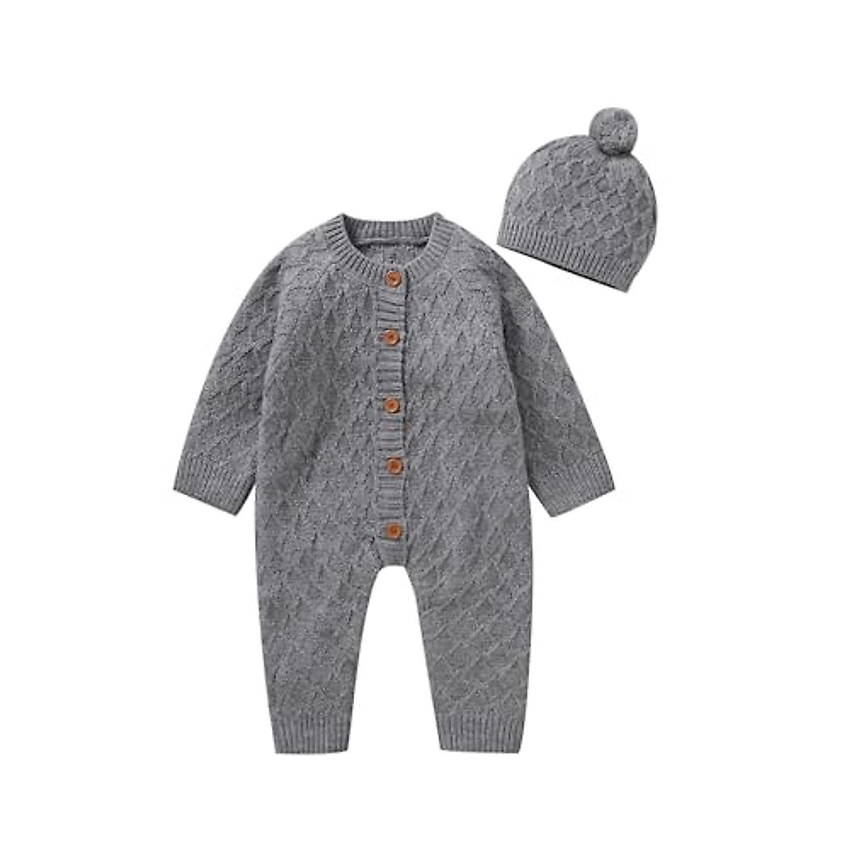 Hadetoto Newborn Baby Sweater Romper Knit Outfits Long Sleeve Jumpsuit with Warm Hat for Infant Boy Girl