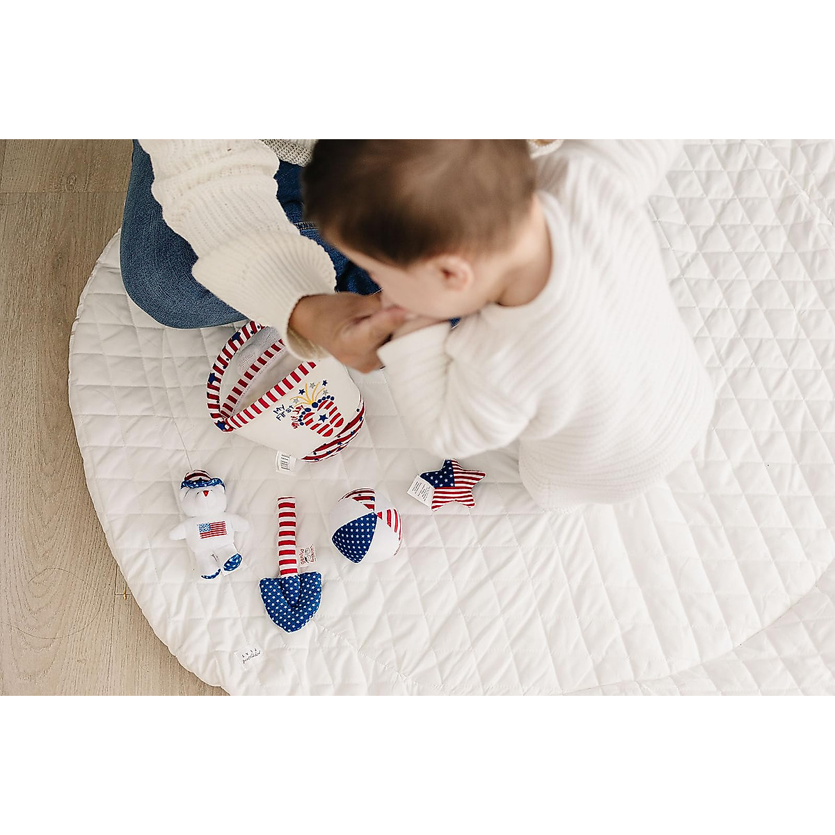 Genius Baby Toys American Flag Toy and USA Plush Playset - My 1st 4th of July Baby Toys - Soft Plush Sand Bucket with 4 Sensory Infant Toys - Fun Beach Toy - Perfect for Small Hands