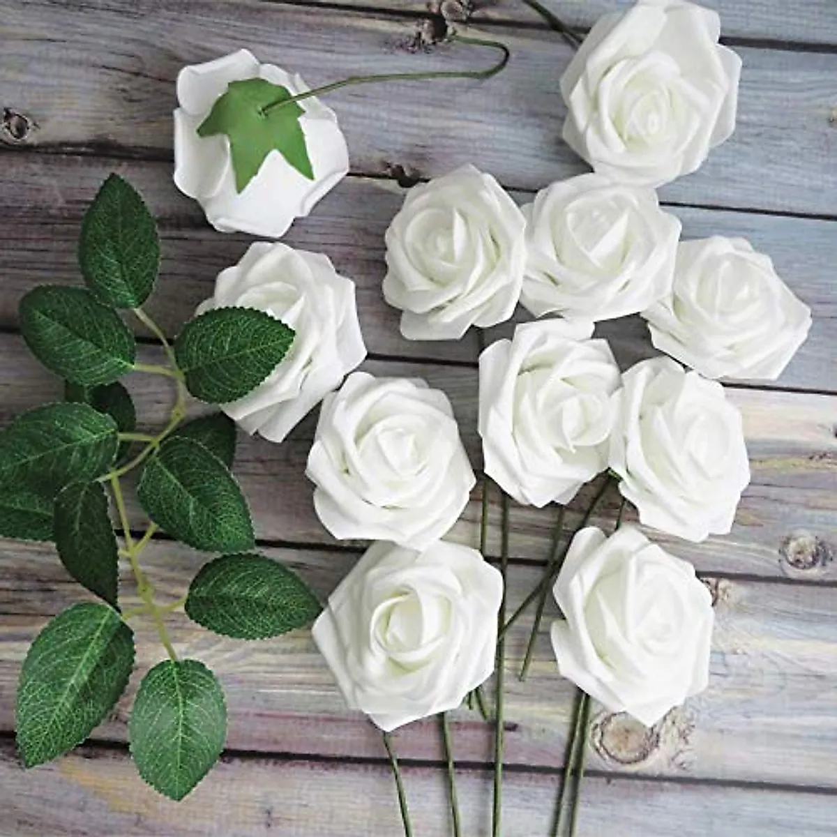 Artificial Flowers 25pcs White Real Looking Foam Rose Fake Flowers with Stem/Leaves for DIY Wedding Bouquets Centerpieces Floral Arrangments Home Party Decorations