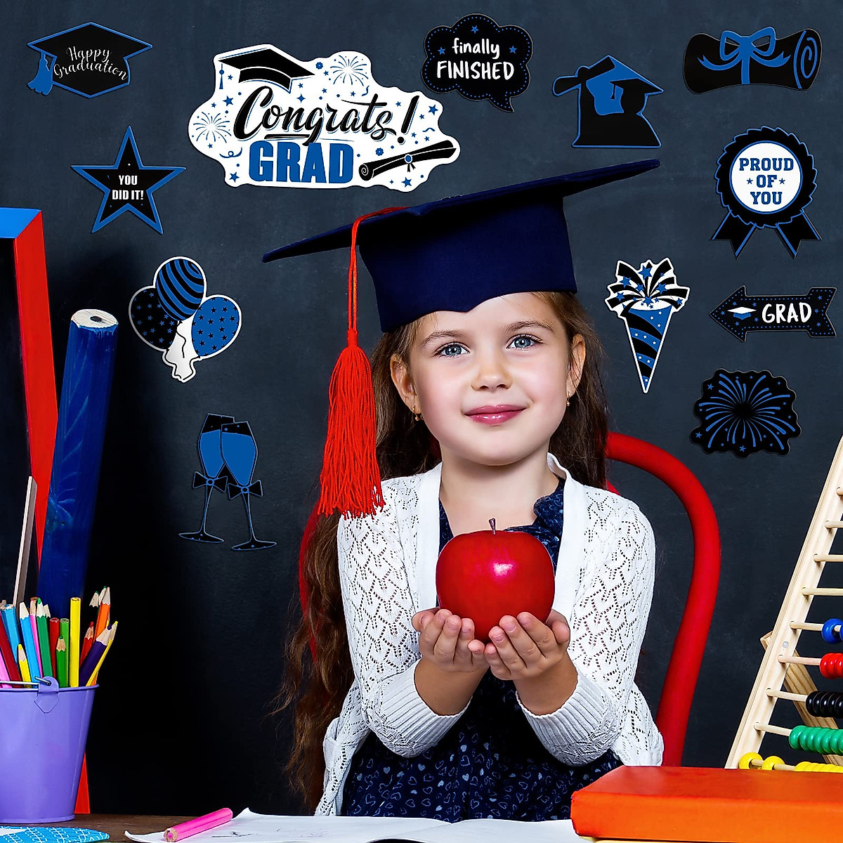 12 Pieces Graduation Magnetic Decals Decorations Congrats Grad Car Magnets Happy Graduation Magnetic Fridge Decoration Proud of You Magnet Decal Trencher Cap Fridge Magnets Graduation Stickers (Blue)