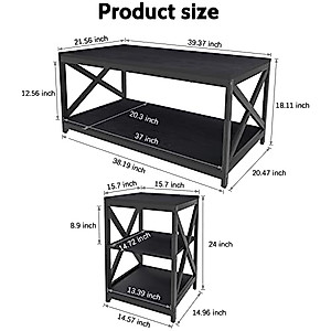 Bigbiglife Living Room Table Set of 3, Industrial X-Design Coffee Table with 2 End Side Tables, Modern 3 Pieces Coffee Table Set with Metal Frame for Apartment Home Office, Easy to Assemble, Black