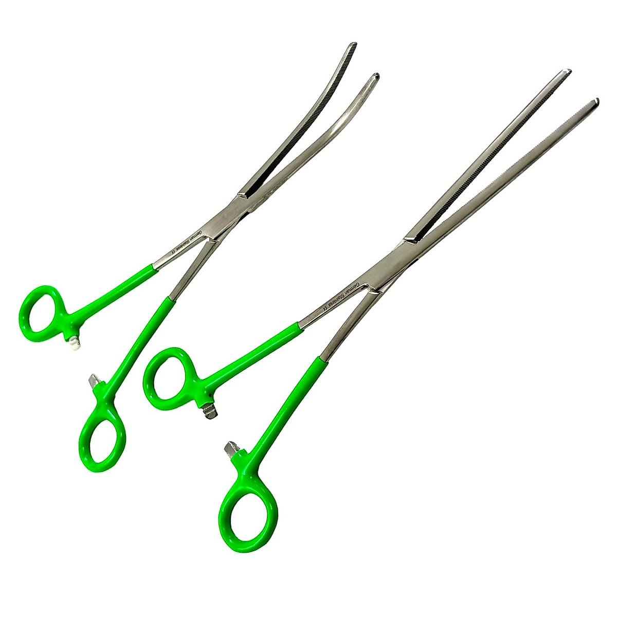 New Premium German Stainless Straight + Curved Hemostat Forceps, Hemostat Forceps clamp 10" (Cynamed Brand) Set of 2 ea-Green