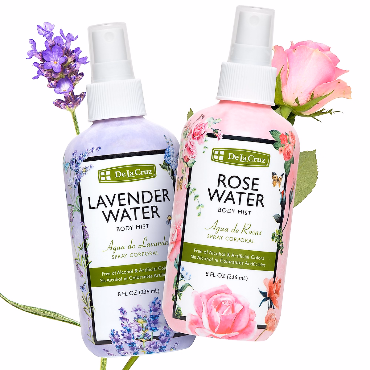 De La Cruz - Rose Water Spray and Lavender Water Spray Bundle - Spray Mist for Skin, Hair and Body - 8 fl OZ Each