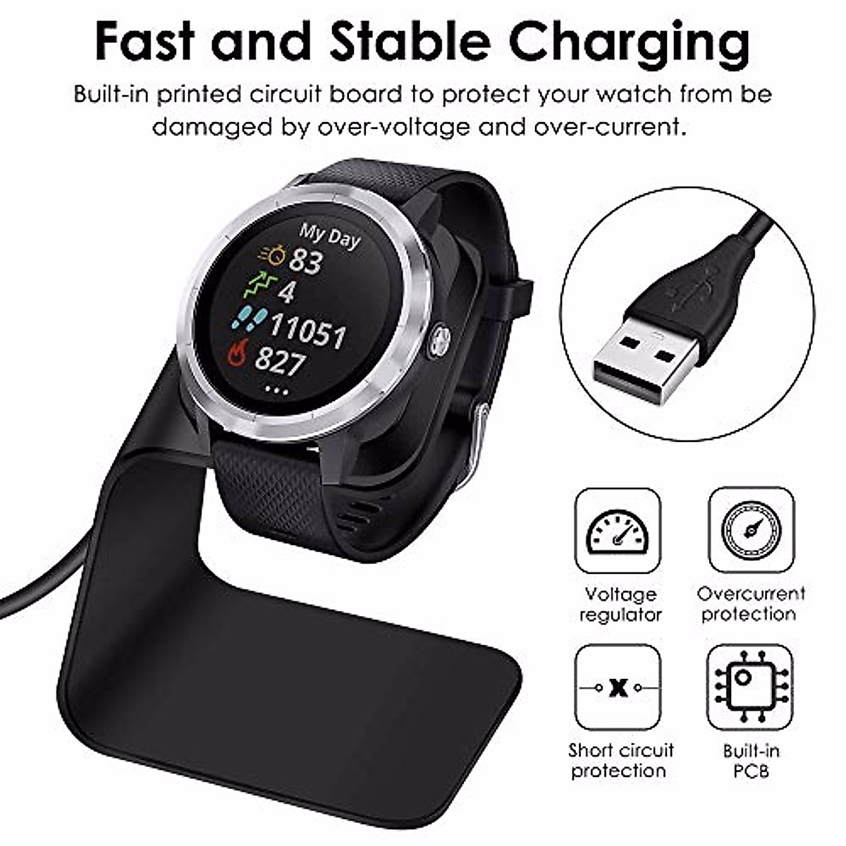 EZCO Charger Dock Compatible with Garmin Vivoactive 4 4S/ 3/3 Music/Venu Sq/Venu/Venu 2/2S, Premium Aluminm Charging Cable Stand Base Station USB Date Syn for Fenix 7 7S 7X 6 5 Smartwatch, Black