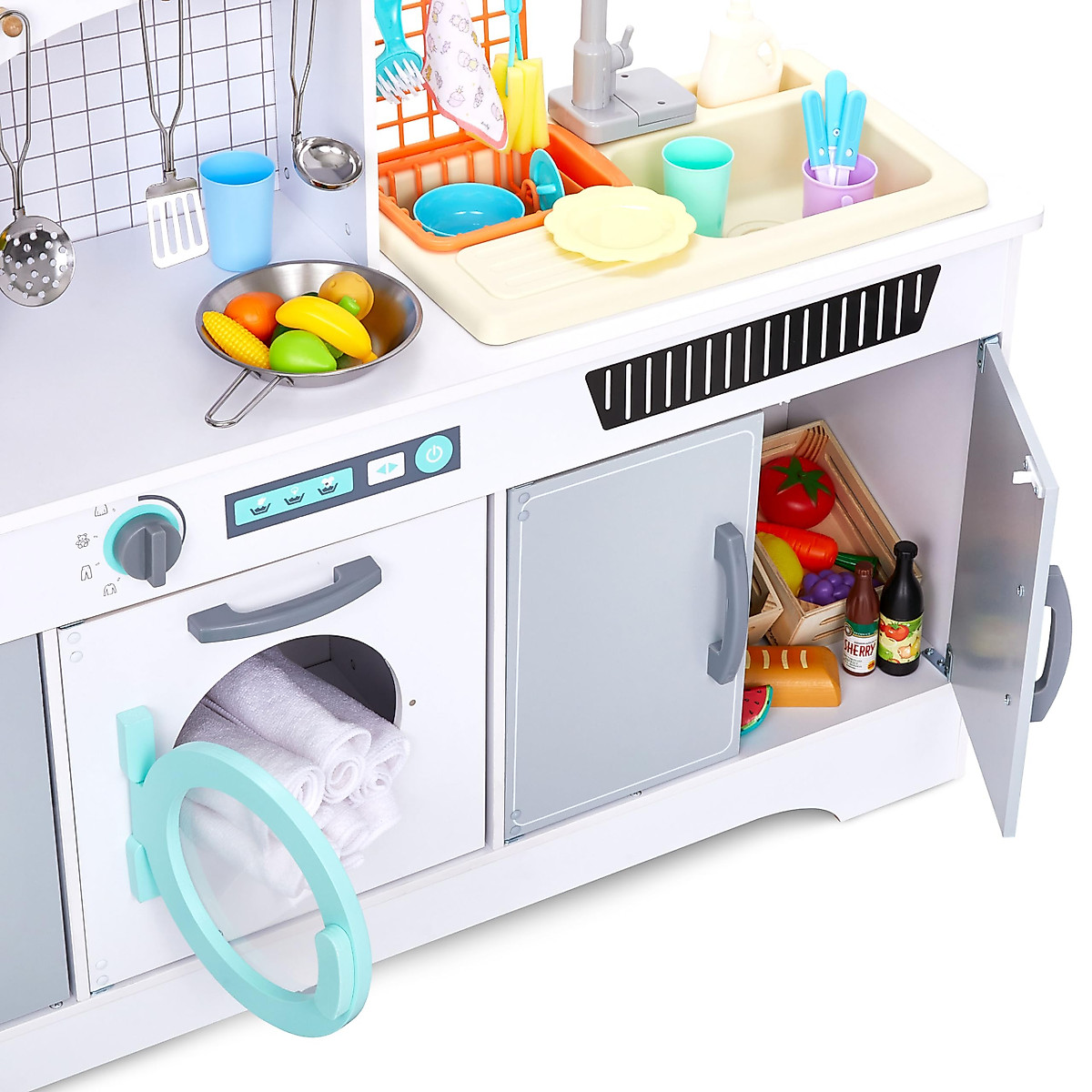 Lil’ Jumbl Kids Wooden Kitchen set, Pretend Working Sink with Real Running Water, includes Range Hood, Microwave & Stove Top That Make Realistic Sound & Light, Full Accessory Set Included