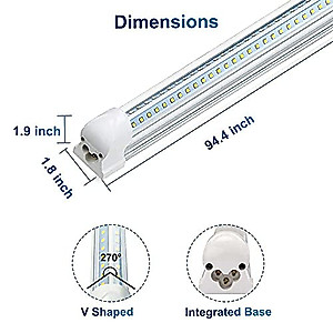 SZSKYING ( 25-Pack 8FT LED Shop Lights fixtrue,72W 7200LM 6500K,T8 LED Tube,Hight Output,Dual Row,Clear Cover,Integrated,Linkable,V Shape 8 LED Daylight White,Ceiling and Utility Shop Light Bulb.