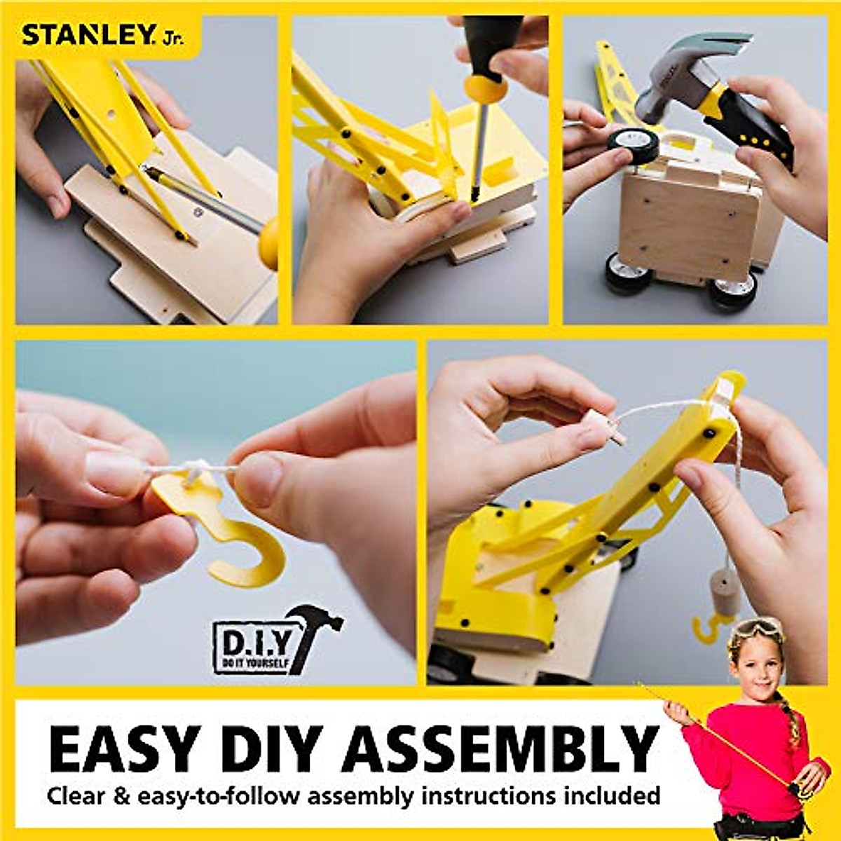 Stanley Jr. STANLEY Jr DIY Yellow Lifting Crane Kit for Kids - Easy Assembly Crane Building Kit - Wood Crane Toy Craft - Wood, Paint & Decals Included