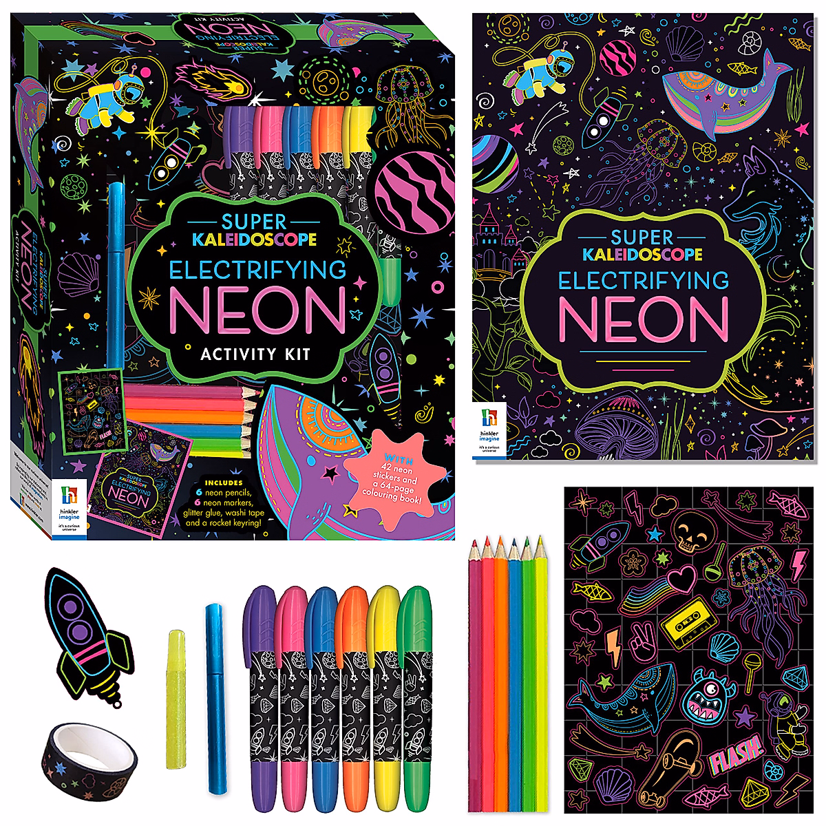 Hinkler Super Kaleidoscope - Electrifying Neon Activity Kit - Space Themed Coloring Book with Neon Stationery and Stickers - Rocket Keyring - Arts and Craft Kits for Kids Aged 6 to 12
