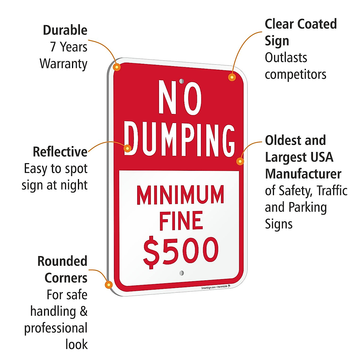 SmartSign No Dumping Minimum Fine 500 Sign - 2 Pack, 18 x 12 inch, 2mm Aluminum Composite, Pre-Drilled Holes, Red and White, Made in USA