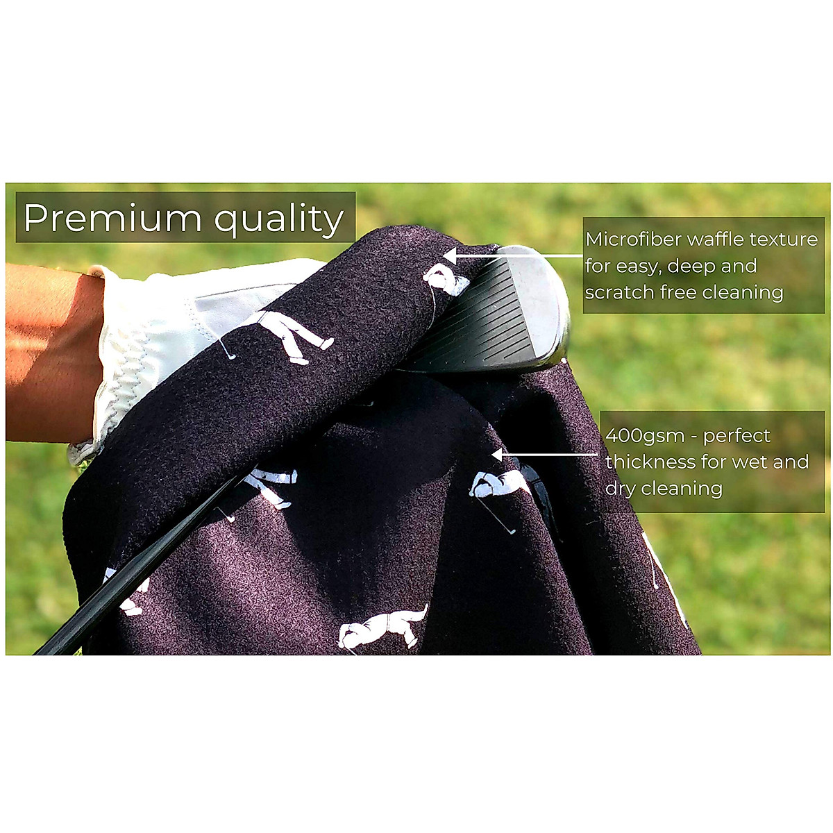 Zippa Large Black Golf Towel I Easy to Clean Clubs, Quick Drying in Rain I Microfiber Golf Towels for Golf Bags, Golf Ball Towel, Golf Club Towel, Golf Equipment, Towel Golf Accessories Men and Women