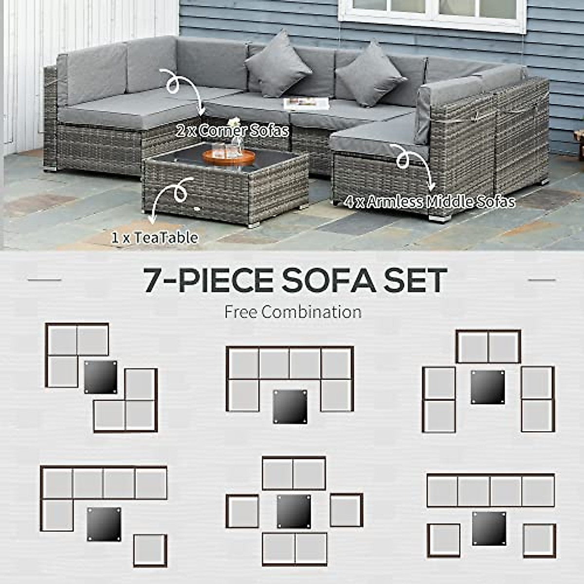 Outsunny 7-Piece Patio Furniture Sets Outdoor Wicker Conversation Sets All Weather PE Rattan Sectional Sofa Set with Cushions & Tempered Glass Desktop, Grey
