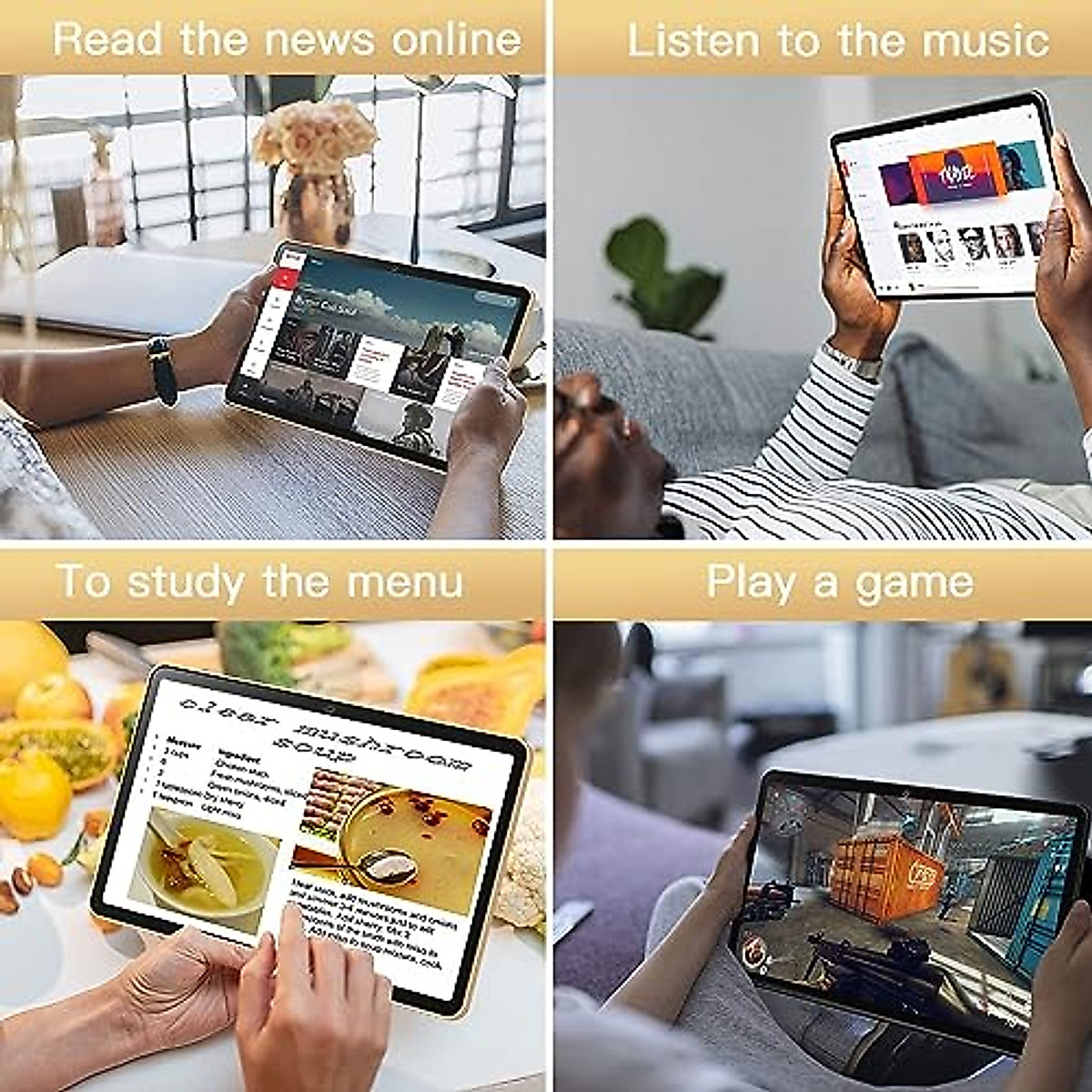 OUZRS 5G Tablets 10 Inch Android 11 GO GMS Tablets, 64GB ROM /256GB Expand, WiFi Tablet Computer, Bluetooth, 6000mAh Tablet PC, Tableta with Dual Camera -Gold