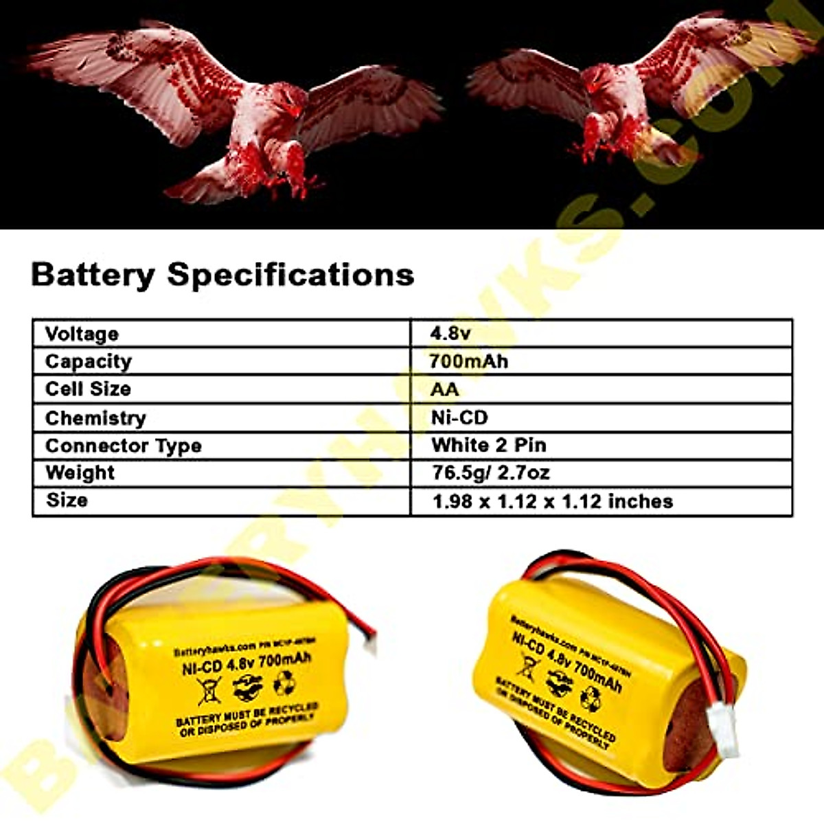 (5 Pack) CXL6VBXT Battery 4.8v 700mAh Ni-CD Exit Sign Emergency Light mcPhilben Ni-CAD 4.8vDC .700AH