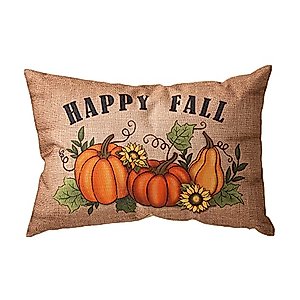 glitzhome Happy Fall Throw Pillows with Insert, 17.72" Pumpkin Throw Pillow for Sofa Couch Bed Great Faux Burlap Pillow for Fall Harvest Thanksgiving Home Office Decorative Throw Waist Lumbar Pillow