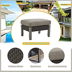 LOKATSE HOME Outdoor Wicker Ottoman Patio Rattan Furniture Metal Footrest Seat Square Footstool with Cushion